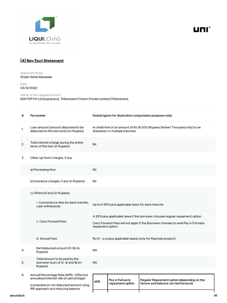 (A) Key Fact Statement: Applicant Name | PDF