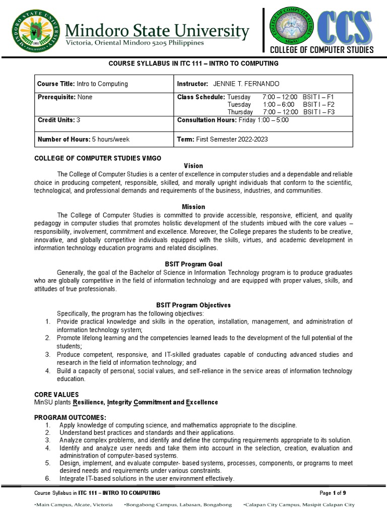 ITC 111 Syllabus | PDF | Information Technology | Computing