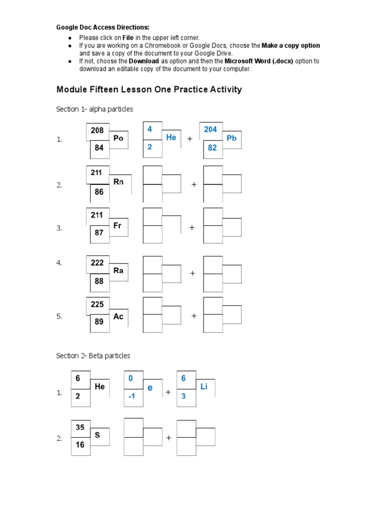 Module Fifteen Lesson One Practice Activity: Section 1-Alpha Particles | PDF