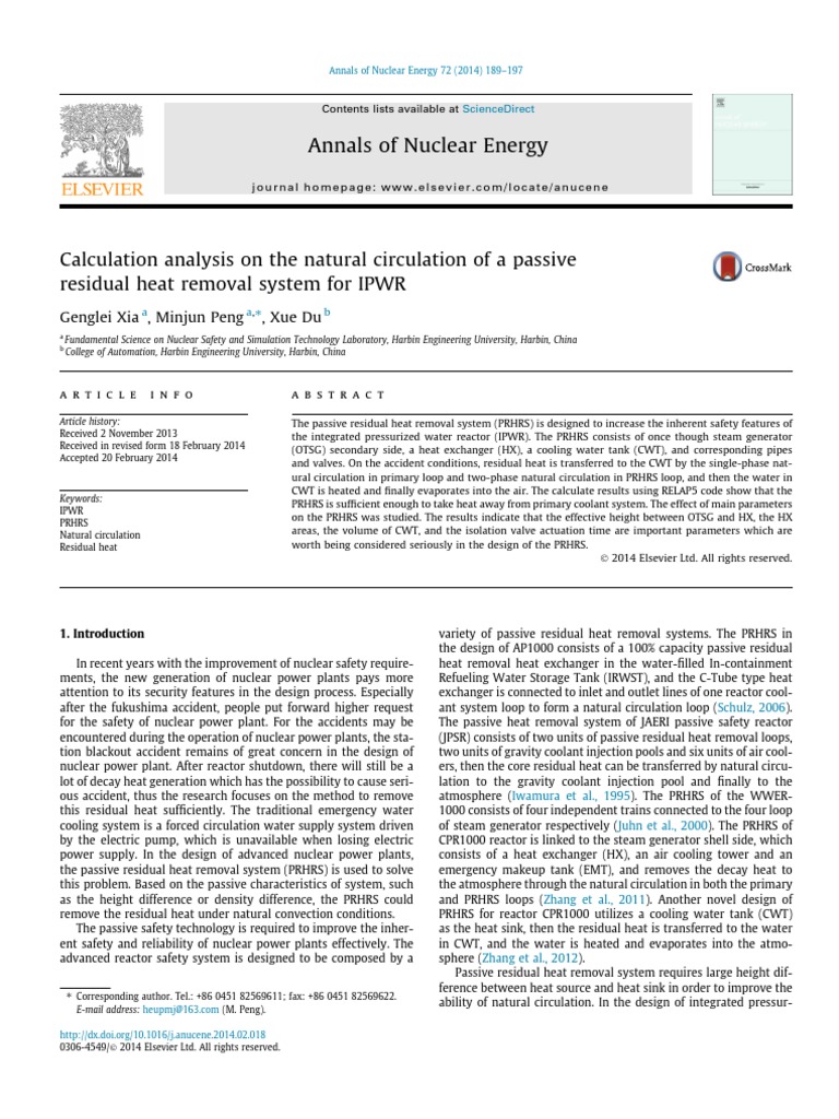 Calculation Analysis On The Natural Circulation of A Passive Residual Heat Removal System For ...