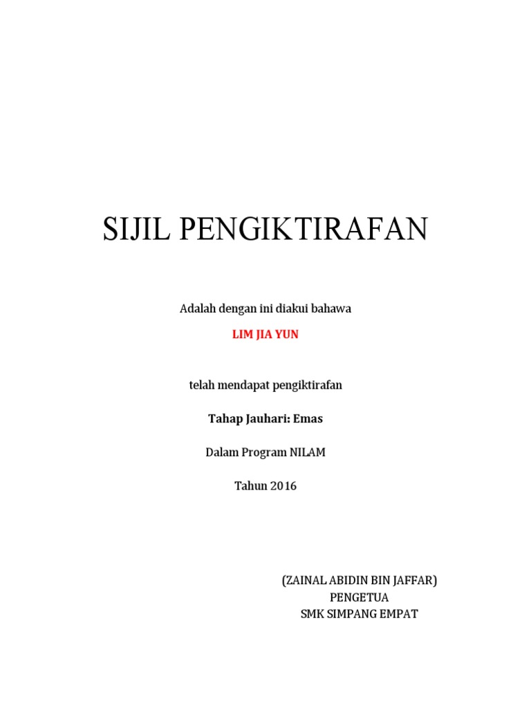 Sijil Pengiktirafan Nilam Jauhari | PDF