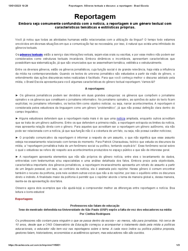 Reportagem. Gêneros Textuais e Discurso - A Reportagem - Brasil Escola ...