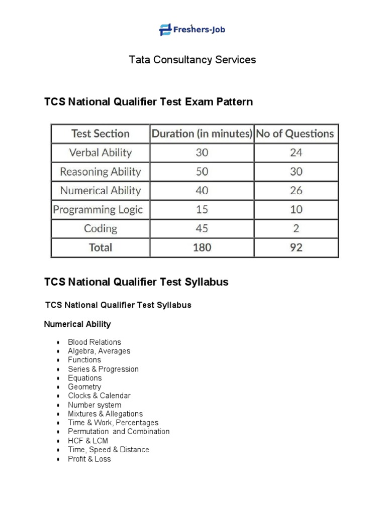 TCS National Qualifier Test Topics by Freshersjob | PDF