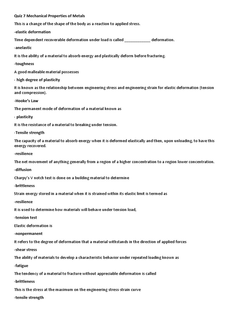 Quiz 7 Mechanical Properties of Metals | PDF | Deformation (Engineering) | Stress (Mechanics)