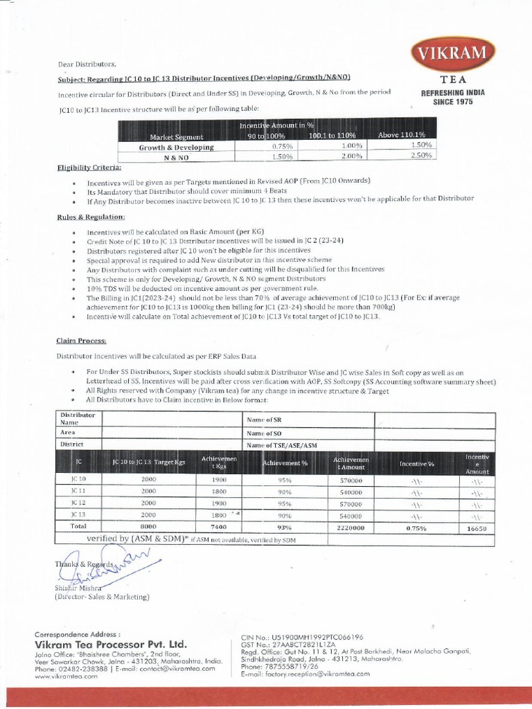 Distributor Incentive Circular-JC10 To JC13 | PDF