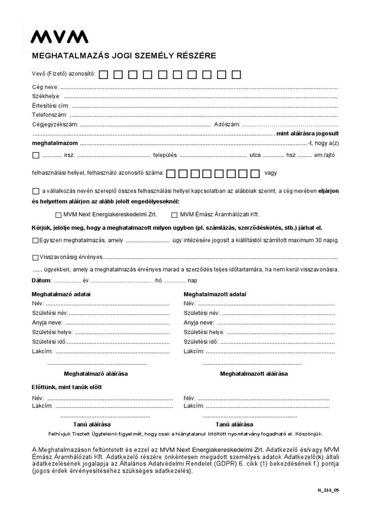 N 214 05 Meghatalmazas Jogi Szemely Reszere ESZ MVM 2022 | PDF