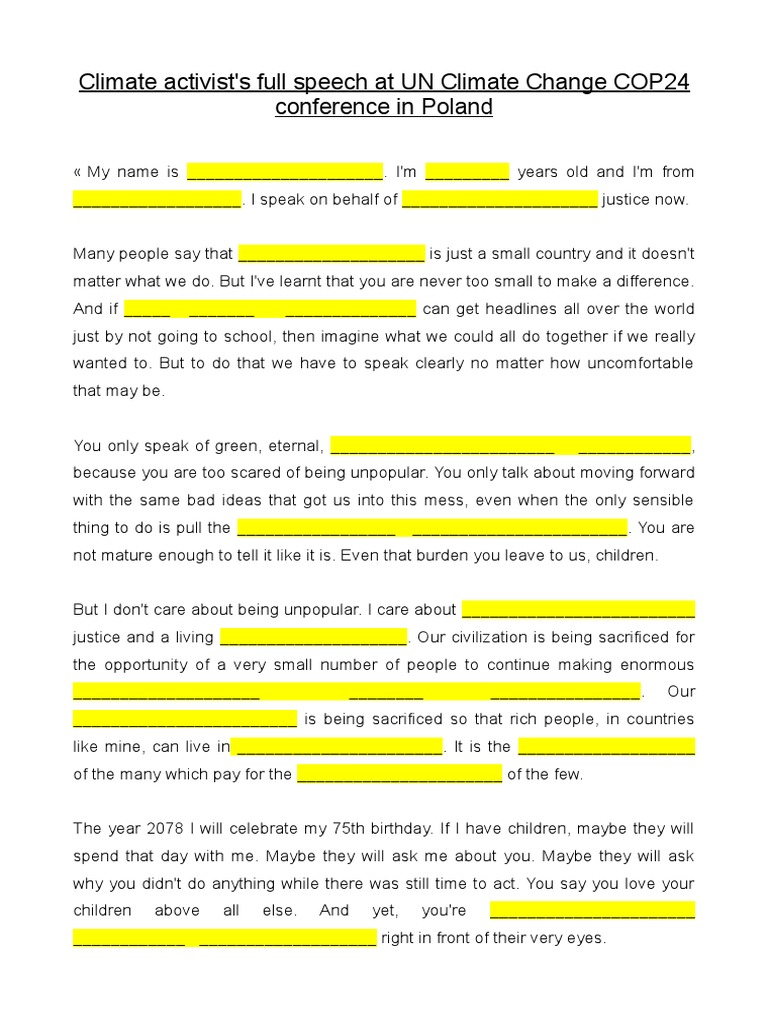 Greta Thunberg's COP24 Speech Transcript | PDF | Career & Growth ...