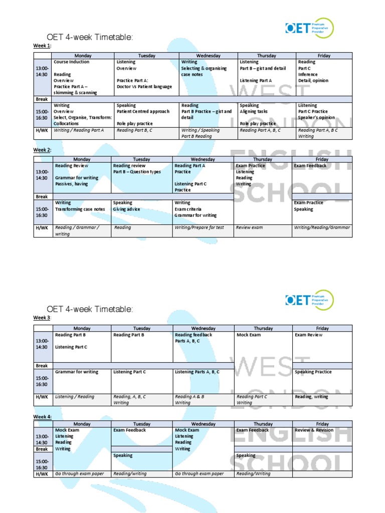 OET 4wk Timetable Afternoon | PDF | Cognition | Cognitive Science