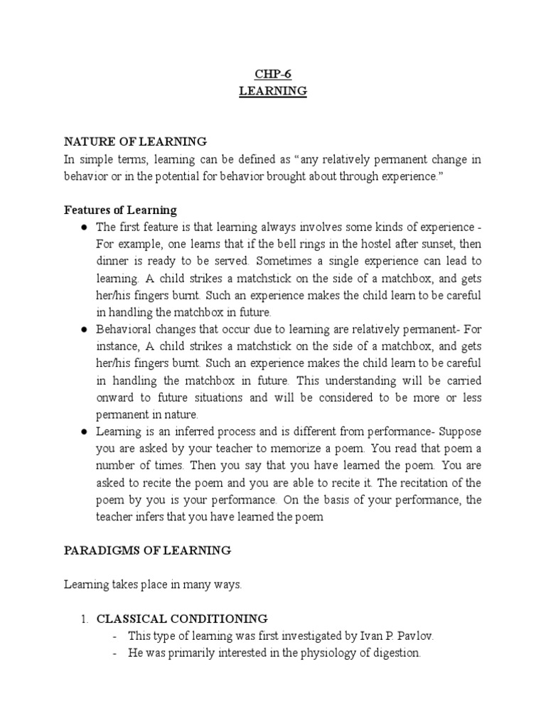 CHP-6 Learning | PDF | Classical Conditioning | Reinforcement