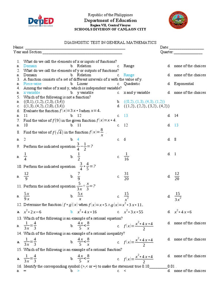 Answer Key of Diagnostic Test in General Mathematics | PDF | Function ...