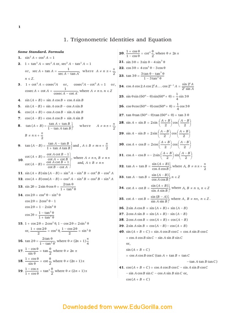 Trigonometric Identities and Equation: Some Standard. Formula | PDF