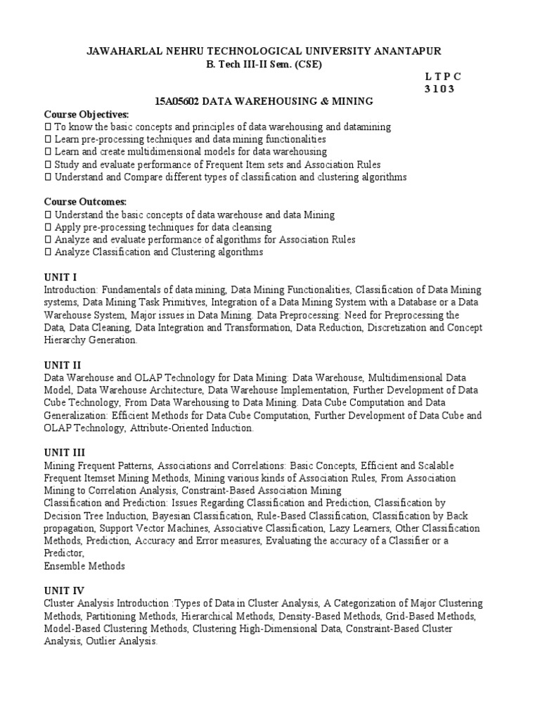 Syllabus Copy-Dwm | PDF | Data Warehouse | Statistical Classification Syllabus Copy-Dwm | PDF | Data Warehouse | Statistical Classification