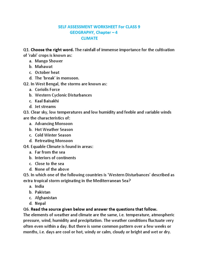 SELF ASSESSMENT WORKSHEET For CLASS 9. Geography, Chapter 4, CLIMATE ...