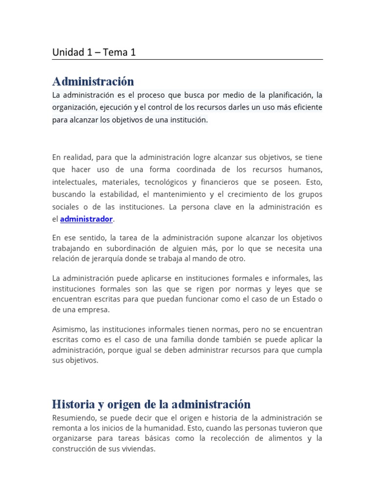 Unidad 1 - TEMA 1 Administración de A y B p1 | PDF | Business | Planificación
