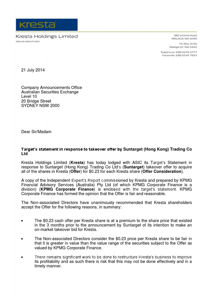 Kresta - KPMG Independent Expert Report (Pages 39 To 96) | PDF | Stocks ...