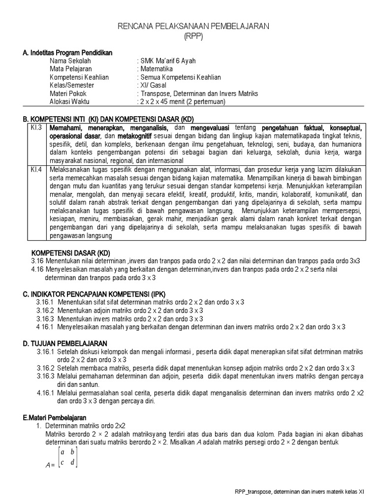 3.16 RPP Determinan, Invers Matriks 6 Pert | PDF