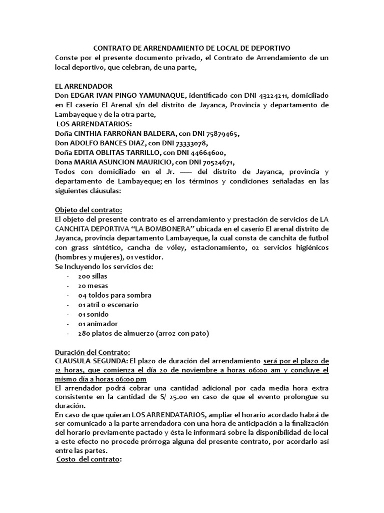 Contrato de Arrendamiento Local Deportivo | PDF | Daños y perjuicios ...