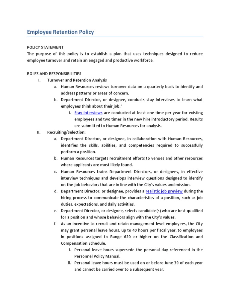 Employee Retention Policy Overview | PDF | Compensation And Benefits ...