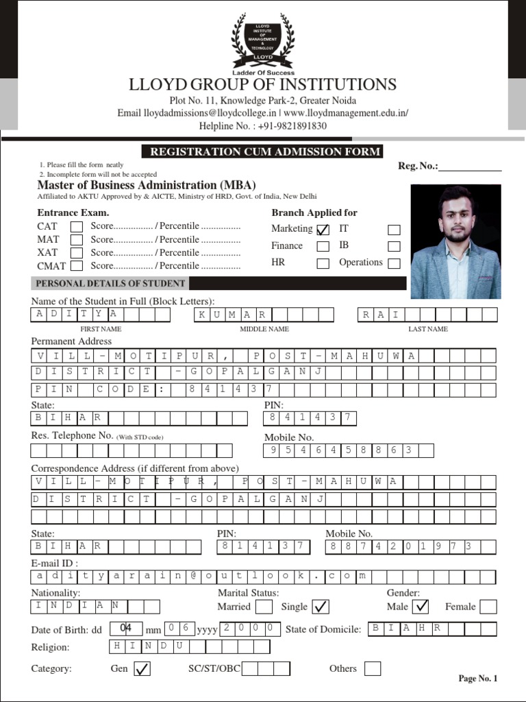 Admission Form Mba 2022 23 1 Final Pdf