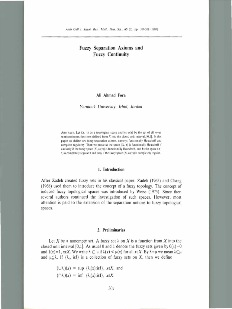 Fuzzy Separation Axioms and Fuzzy Continuity | PDF | Space | Logic