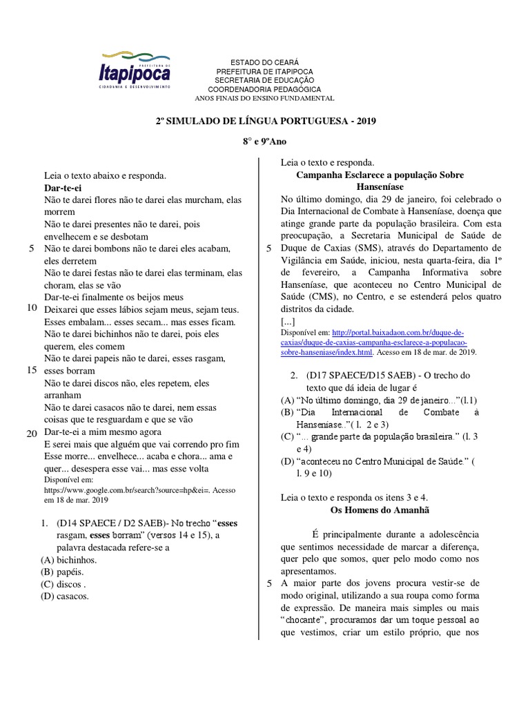 SIMULADO LINGUA PORTUGUESA - 8° e 9° ANO | PDF | Internet | Blog