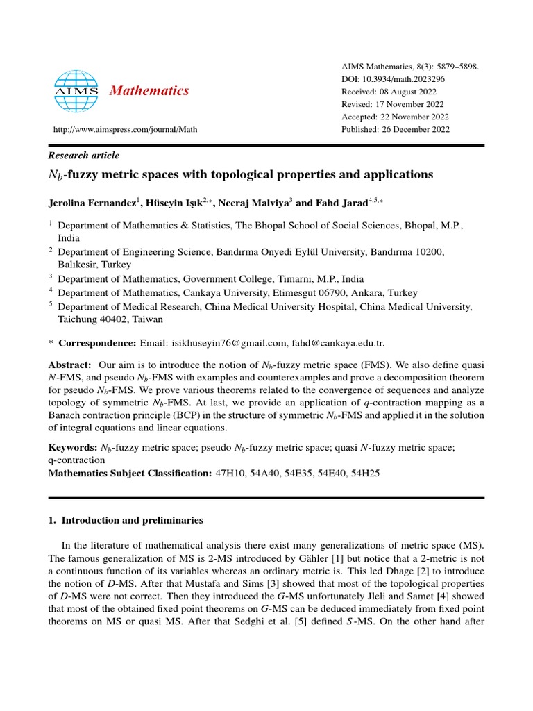 Nb-Fuzzy Metric Spaces With Topological Properties and Applications | Download Free PDF ...