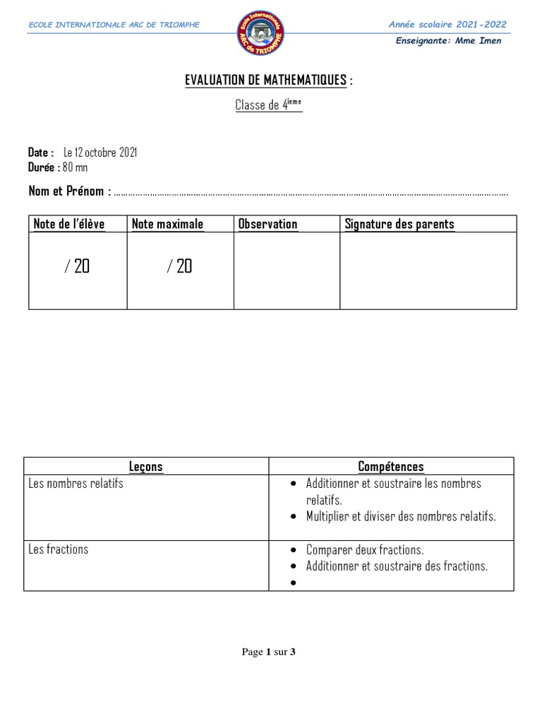 Evaluation Math 4ieme Oct | PDF
