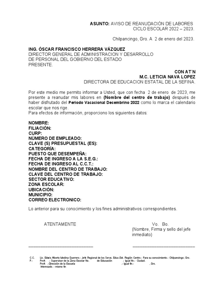 Estatales - Formato de Aviso de Reanudación de Labores | PDF