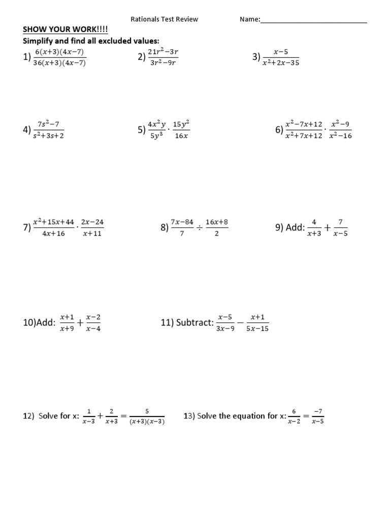 Rationals Test Review Pdf Asymptote Function Mathematics
