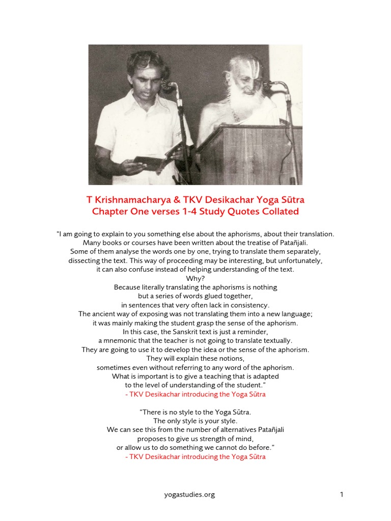 T Krishnamacharya TKV Desikachar Yoga Sutra Chapter One Verses 1 4 ...