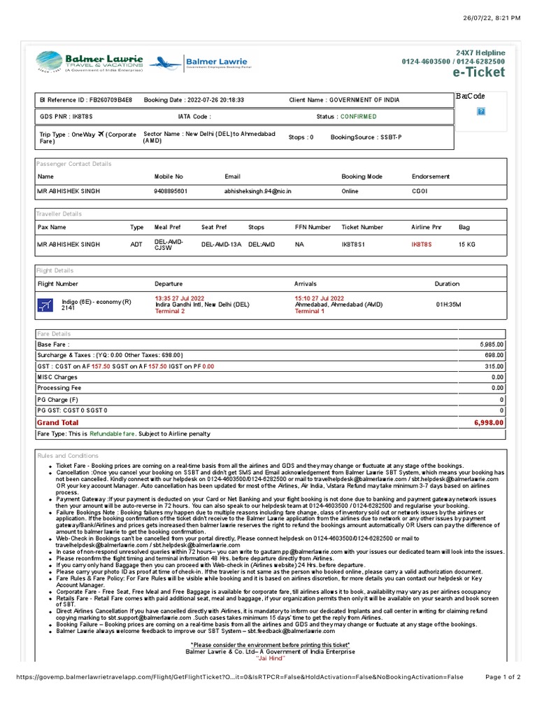 Detailed flight booking confirmation and terms for one-way travel from New Delhi to Ahmedabad ...
