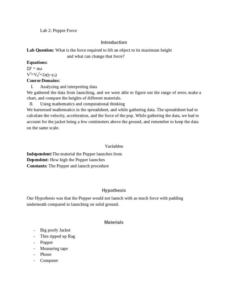 Lab 2 Popper Force | PDF | Force | Data