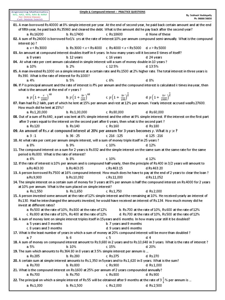 Simple & Compound Interest - Practice Questions | Download Free PDF ...