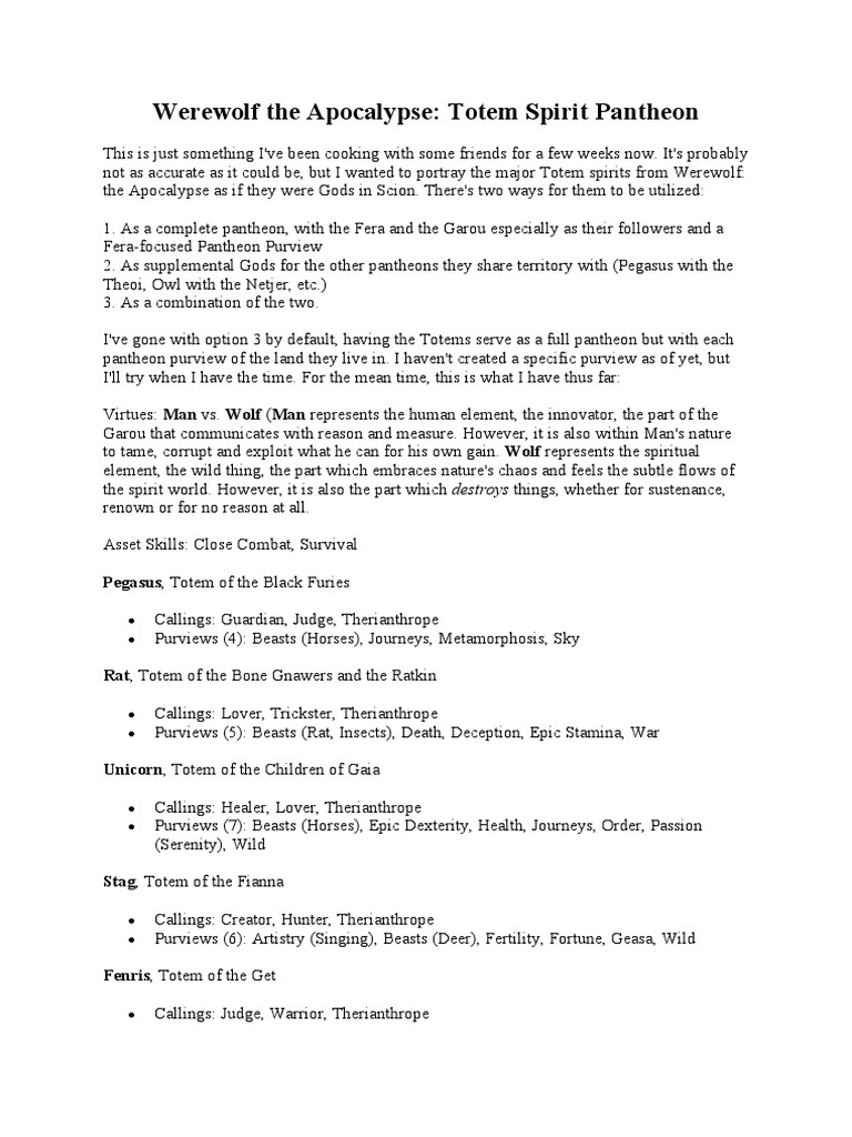 Werewolf The Apocalypse Totems Pantheon | PDF