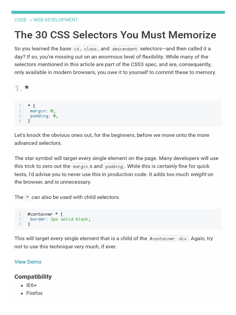 The 30 Css Selectors You Must Memorize Pdf Html Element Software Development