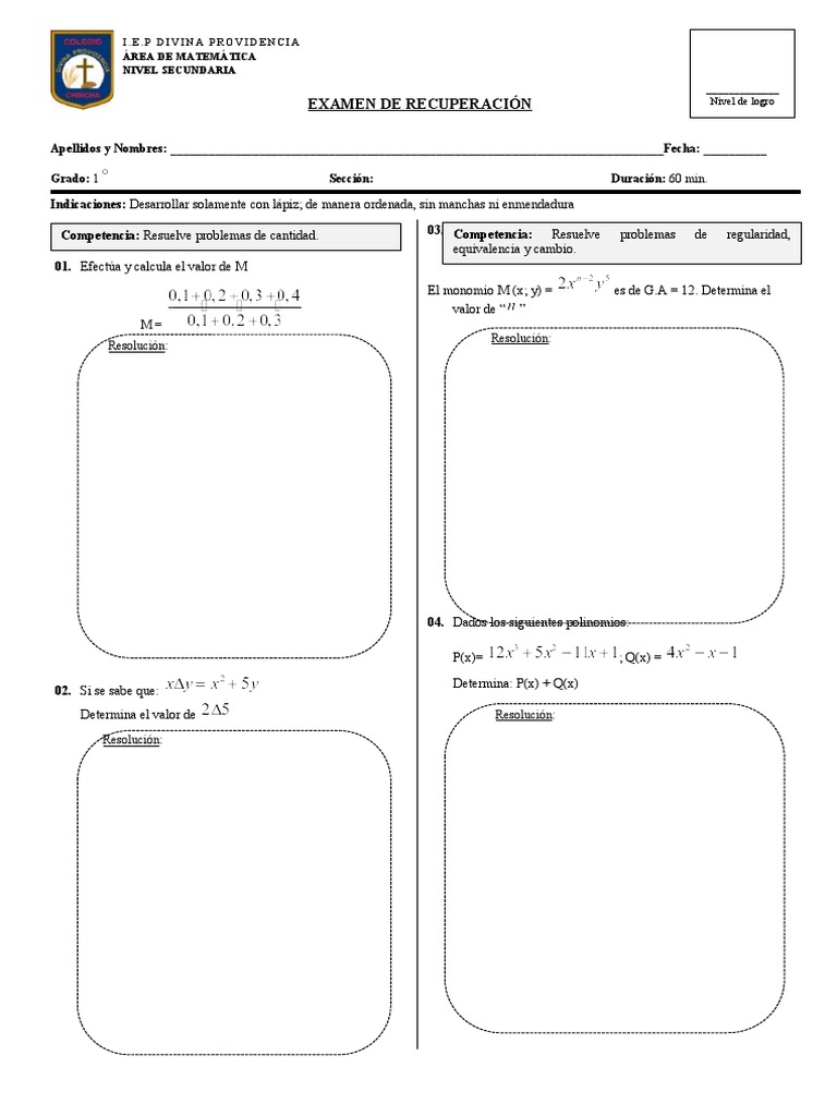 EXAMEN DE RECUPERACIÓN - 1ero de Secundaria | PDF