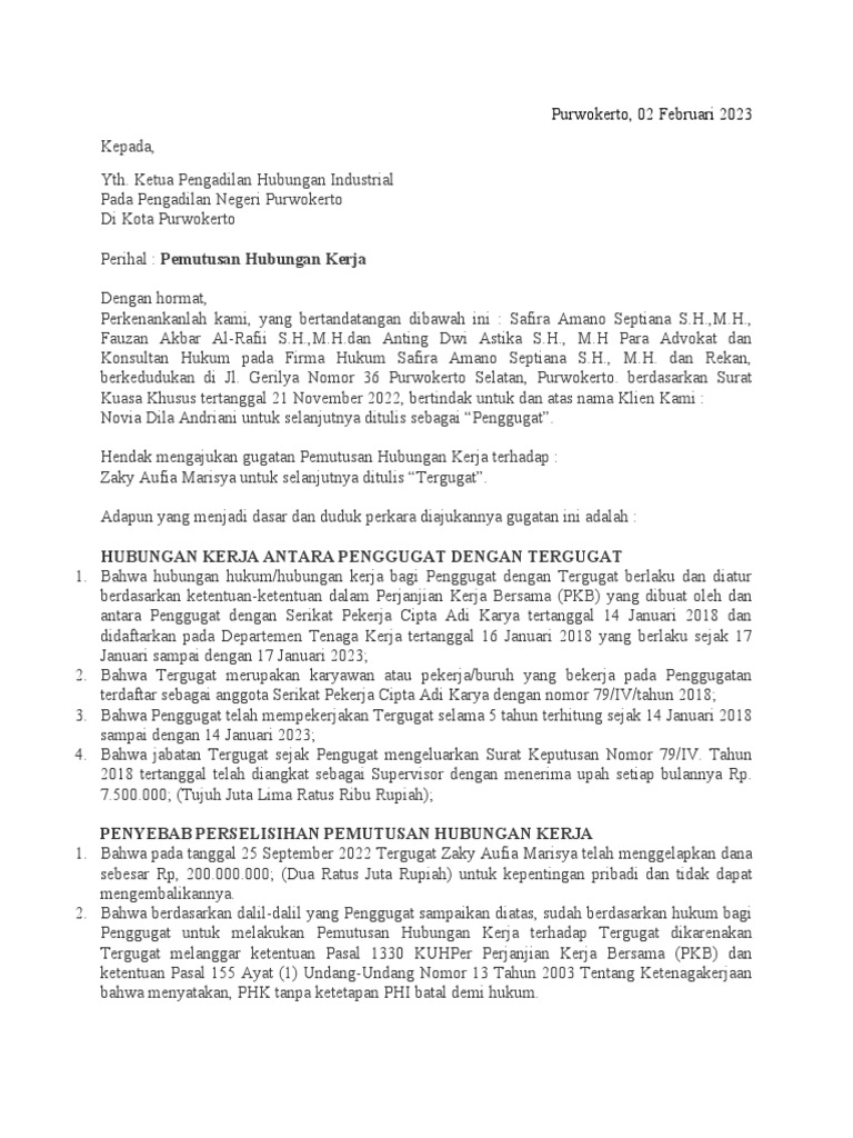 Surat Gugatan PHK | PDF