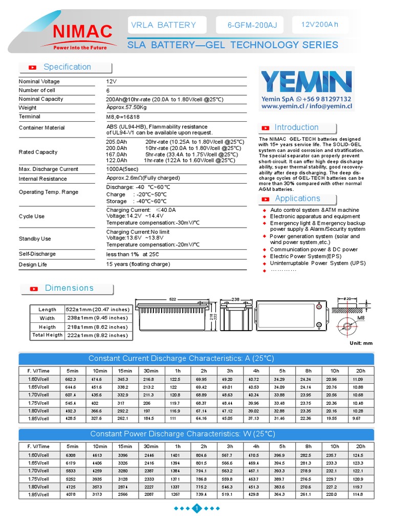 Ficha Técnica Nimac 6-GFM-200AJ 12V 200A | PDF | Energy Storage ...