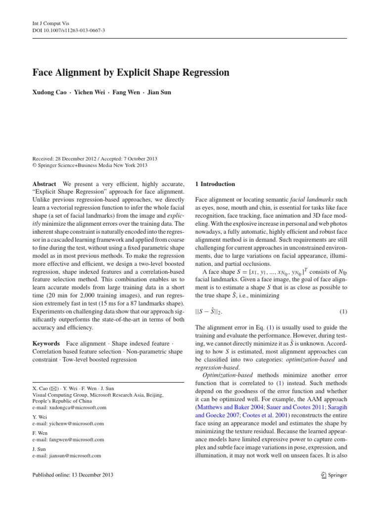 Face Alignment by Explicit Shape Regression 1 | PDF | Regression Analysis | Dependent And ...