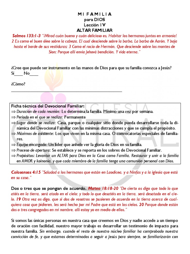 LECCIÓN 4 Altar Familiar | PDF | Oración | espíritu Santo