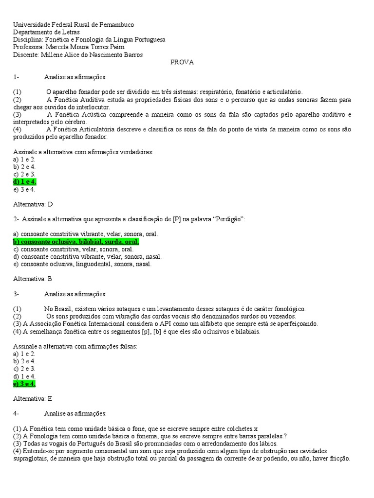 Prova Respondida | PDF | Fonética | Vogal