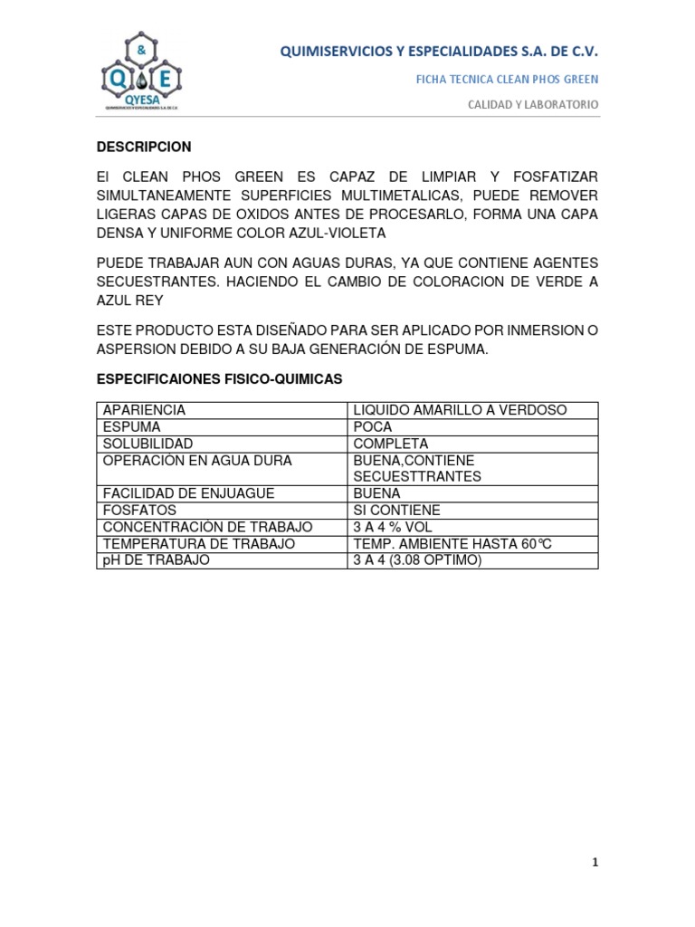 Fosfodesengrasante Clean Phos Green | PDF | Agua | Laboratorios