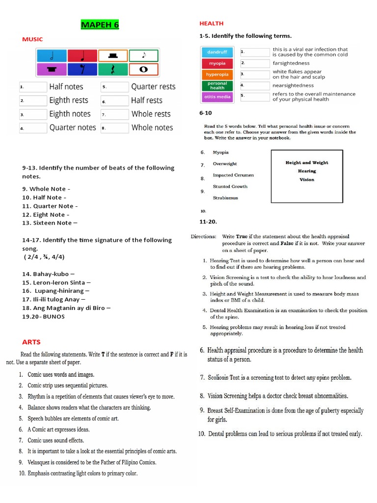 MAPEH 6 Music and Arts Worksheet | PDF