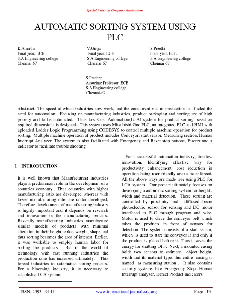 Automatic Sorting System Using PLC: Abstract | PDF