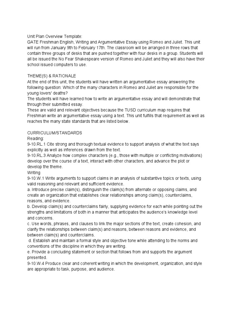 Romeo and Juliet Argumentative Essay Unit | PDF | Essays | Romeo And Juliet
