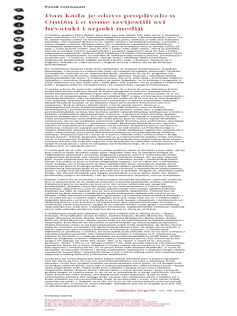 Dan Kada Je Olovo Proplivalo U Omišu I o Tome Izvijestili Svi Hrvatski I Srpski Mediji | PDF