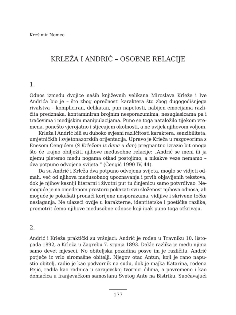 Kresimir Nemec Krleza I Andric Osobne Relacije | PDF