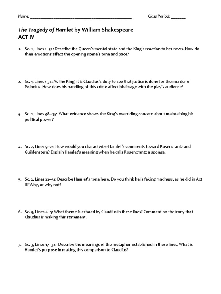 Hamlet Act IV Guided Questions | PDF | Hamlet