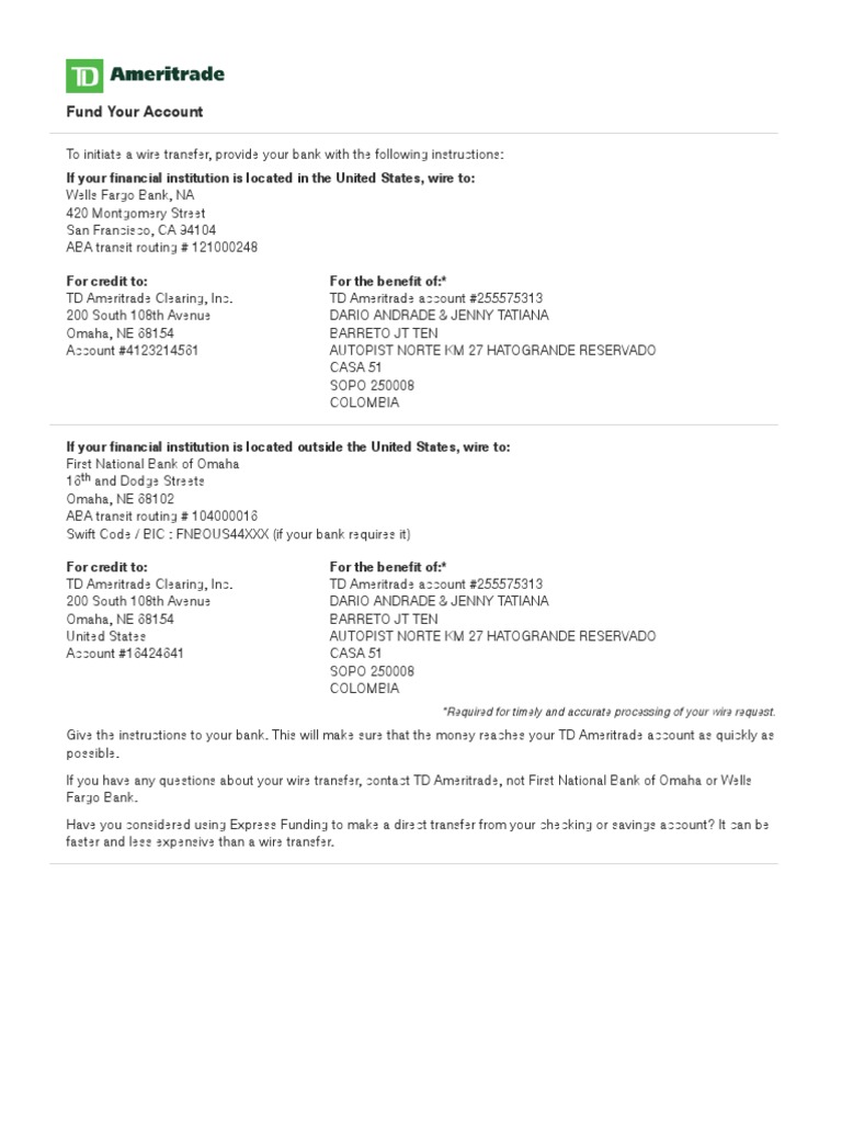 TD Ameritrade Wire Transfer Instructions | PDF