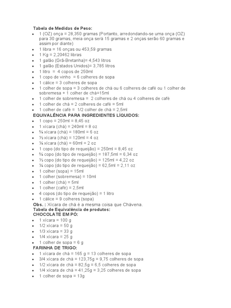 Medidas Equivalência Alimentos | PDF | Culináriar | Comidas e bebidas